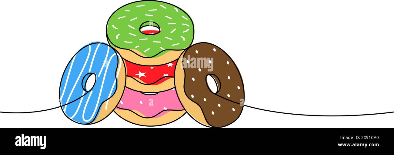 Glazed donuts one line colored continuous drawing. Bakery sweet pastry ...