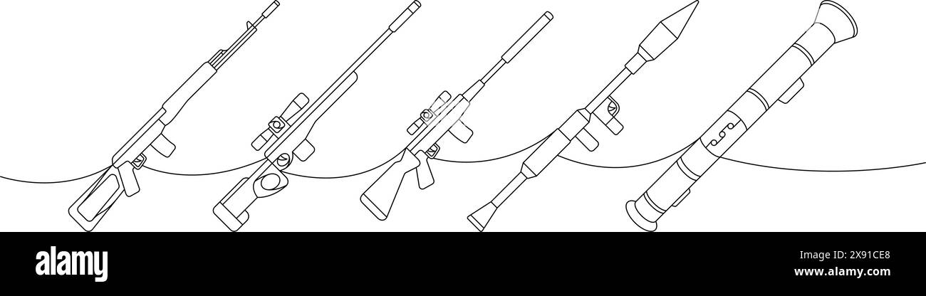 Various weapons one line continuous drawing. Sniper rifles, anti-tank ...