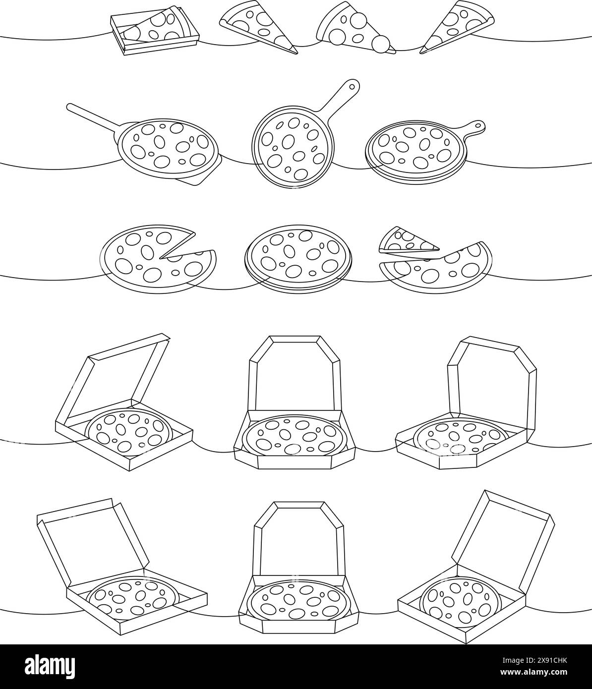 Pizza set one line continuous drawing. Whole and pieces italian pizzas ...