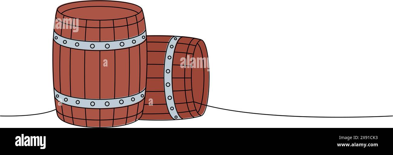 Wooden barrels one line colored continuous drawing. Beer old cask ...