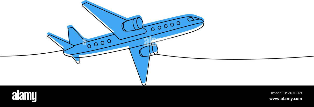 Plane, passenger aircraft one line colored continuous drawing ...