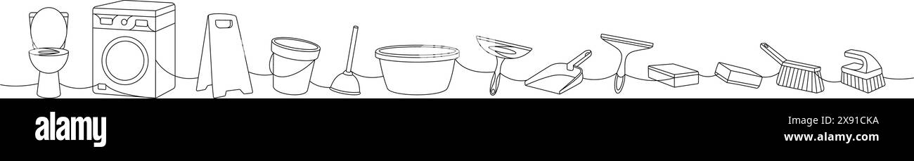 Cleaning set one line continuous drawing. Toilet bowl, washing machine ...
