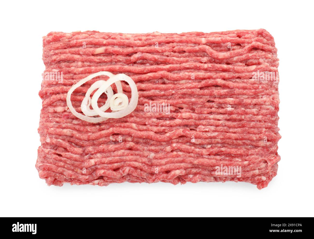 Raw ground meat and onion isolated on white, top view Stock Photo - Alamy