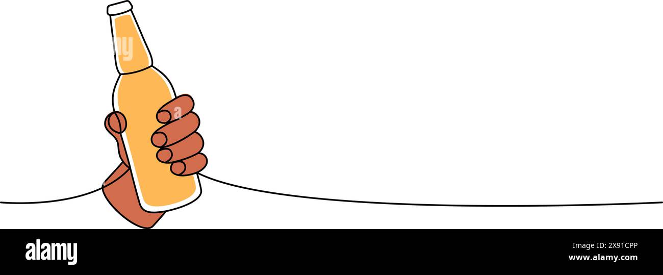 Hand holding a beer bottle one line colored continuous drawing. Beer ...