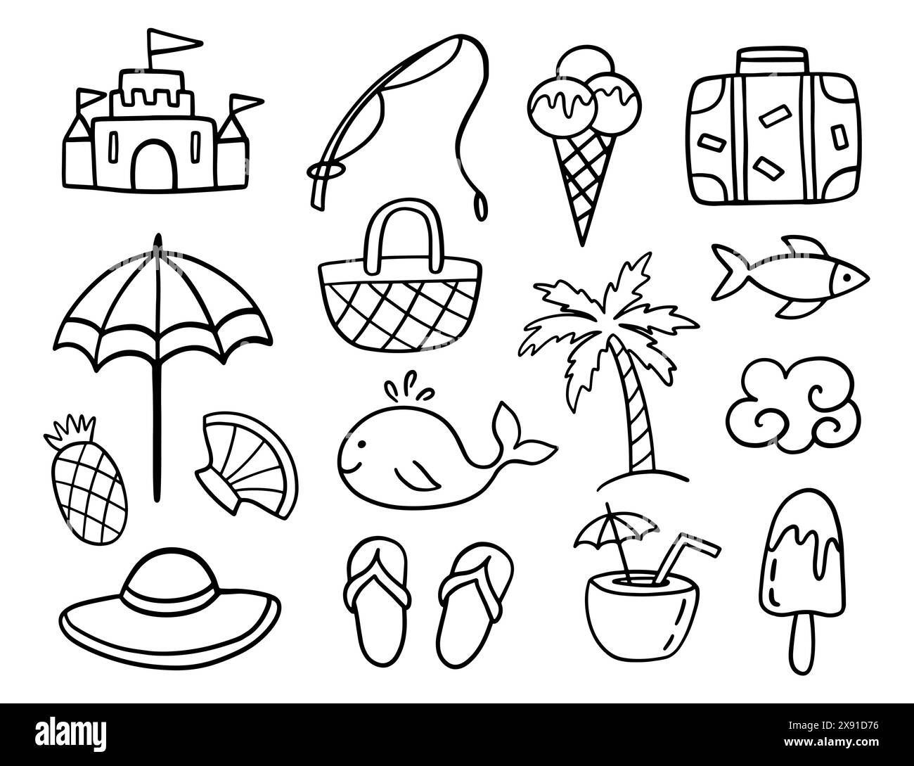 Summer Doodle Sketches Hand Drawn Beach Shapes Set Stock Vector Image ...