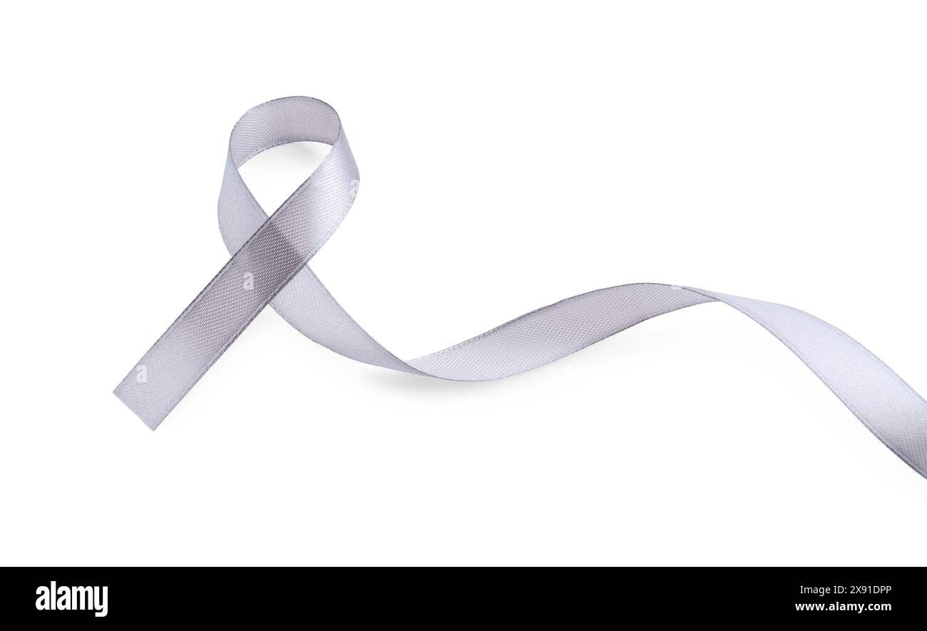 Gray awareness ribbon isolated on white, top view Stock Photo - Alamy