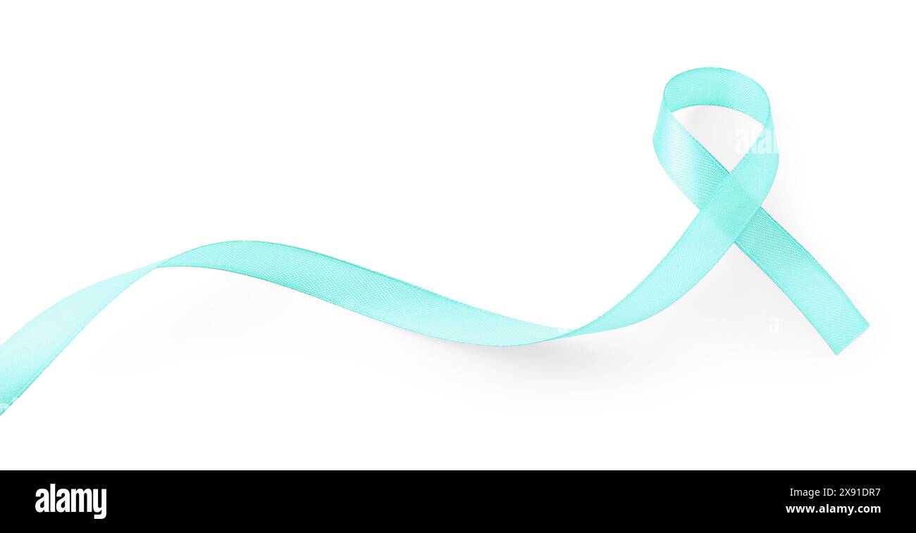 Turquoise awareness ribbon isolated on white, top view Stock Photo - Alamy