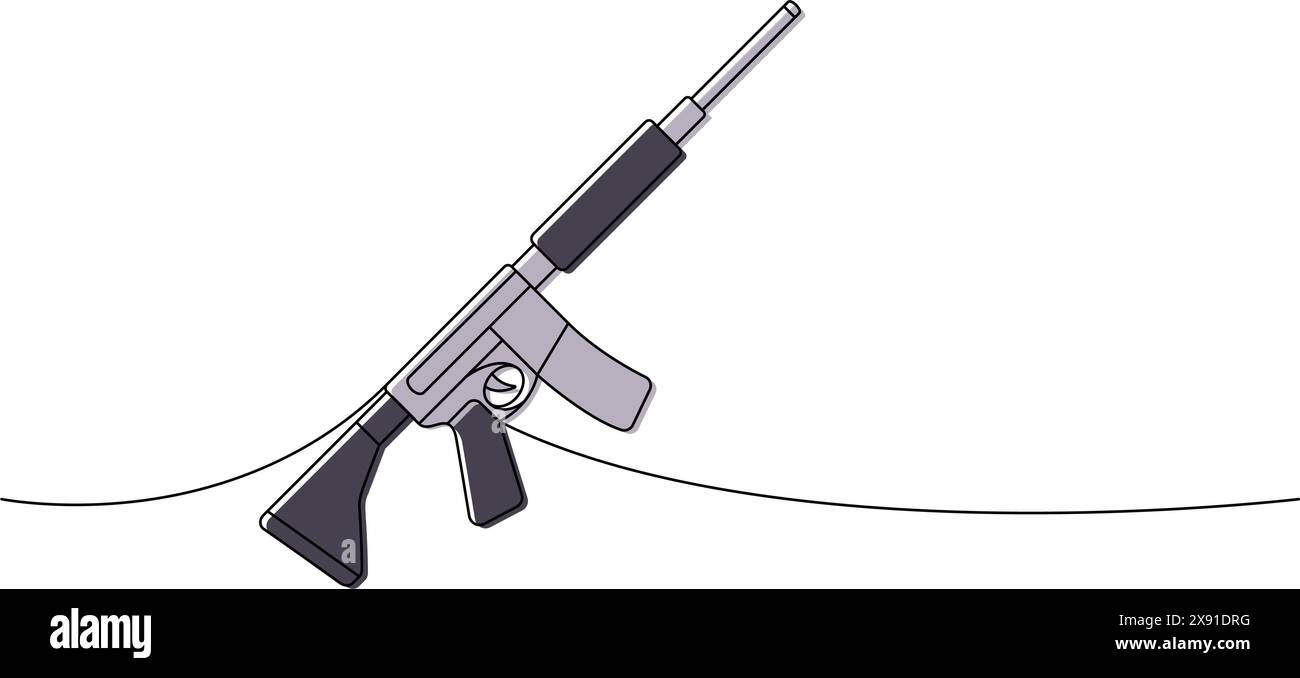 Automatic assault rifle one line colored continuous drawing. Various ...