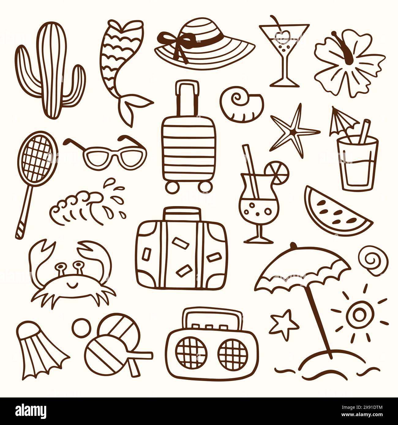Summer Doodle Sketches Hand Drawn Beach Shapes Set Stock Vector Image ...