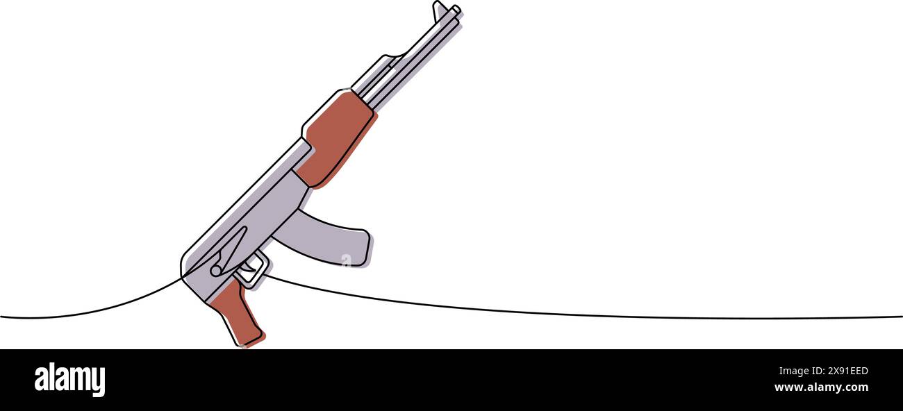 Assault rifle AK 47 one line colored continuous drawing. Various modern ...