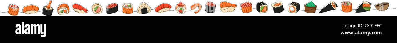 Set of seafood sushi rolls. Japanese cuisine, traditional food one line ...