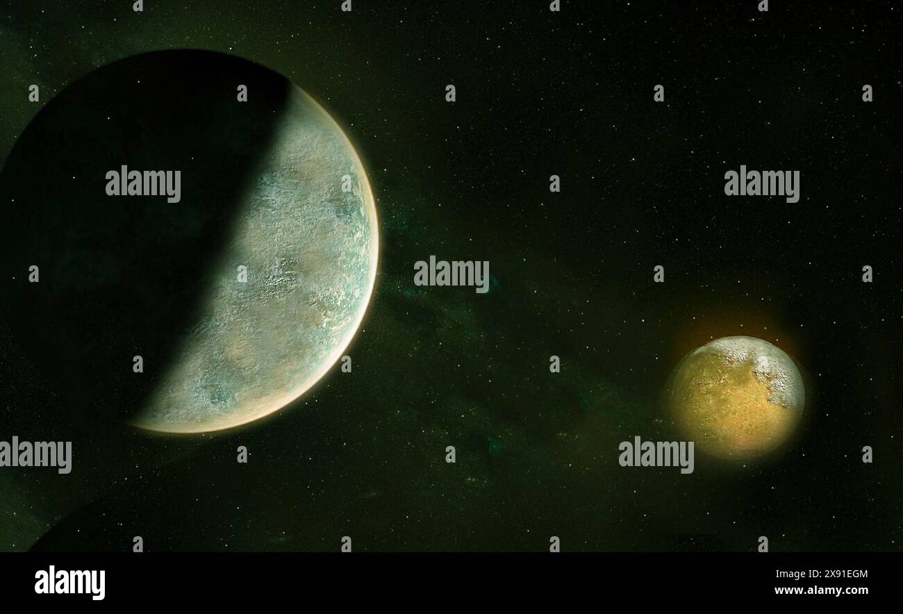 Two planets illuminated in a dark, starry space with a greenish hue and ...