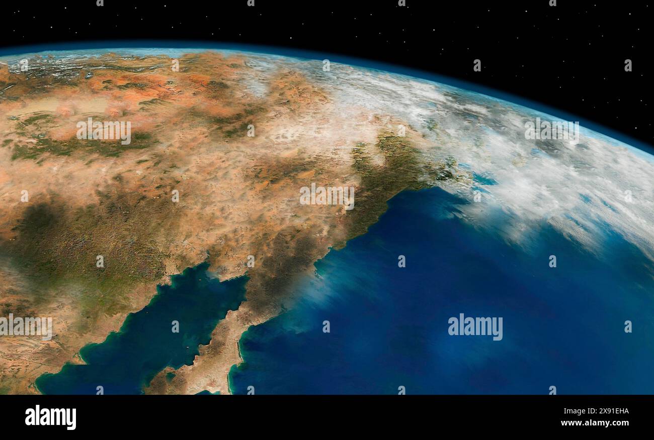 Earth from space showing landmasses, oceans, and atmospheric clouds ...