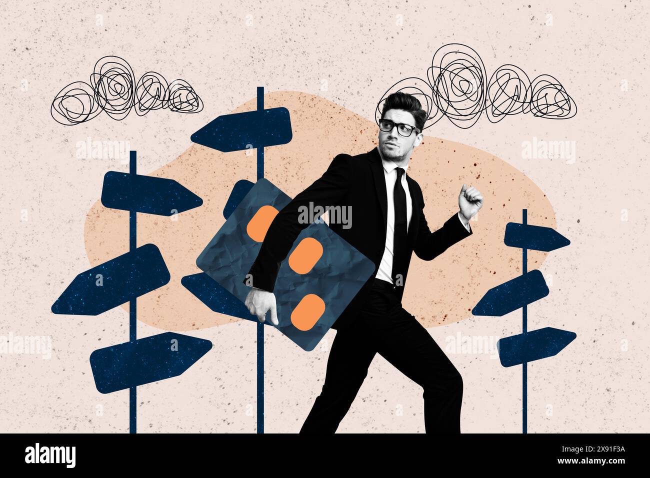 Composite photo collage of serious businessman run confusion carry ...