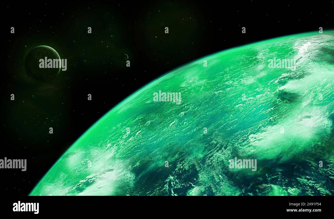 A vibrant green planet in outer space with other distant planets visible against a starry ...
