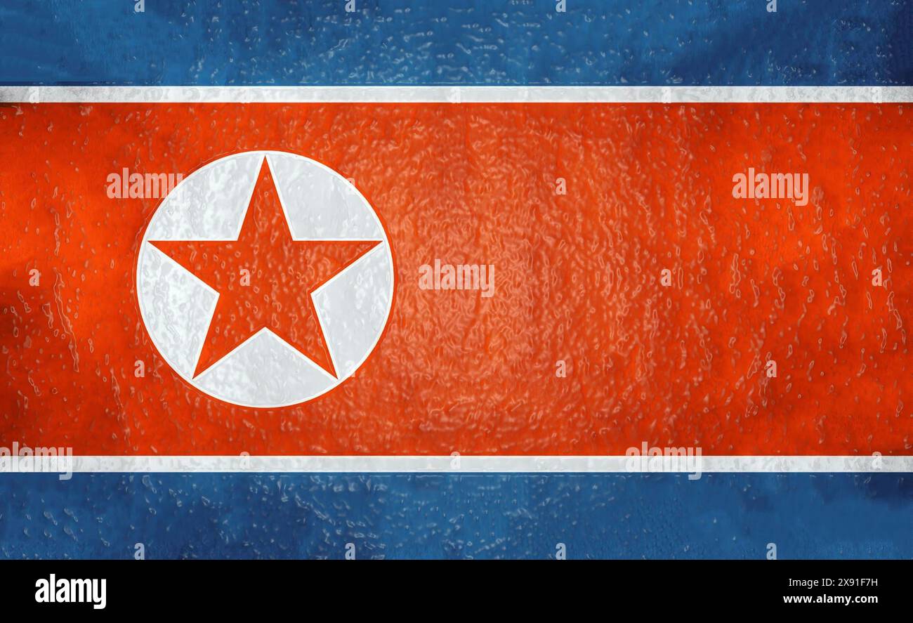 The North Korean flag with a red star inside a white circle, set ...