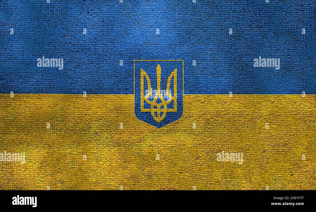 Ukraine flag with blue and yellow horizontal stripes and a trident ...
