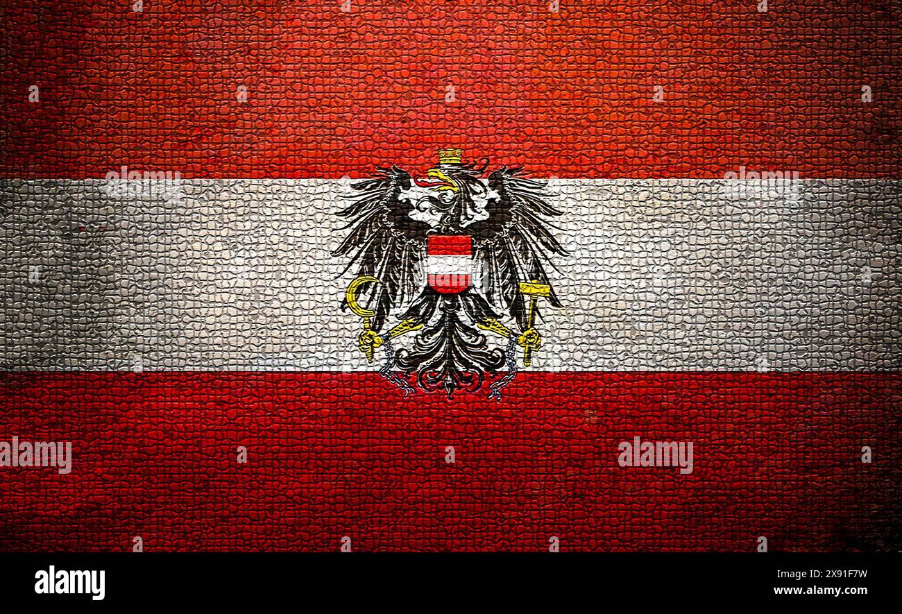 A textured Austrian flag with a red and white background and an eagle ...