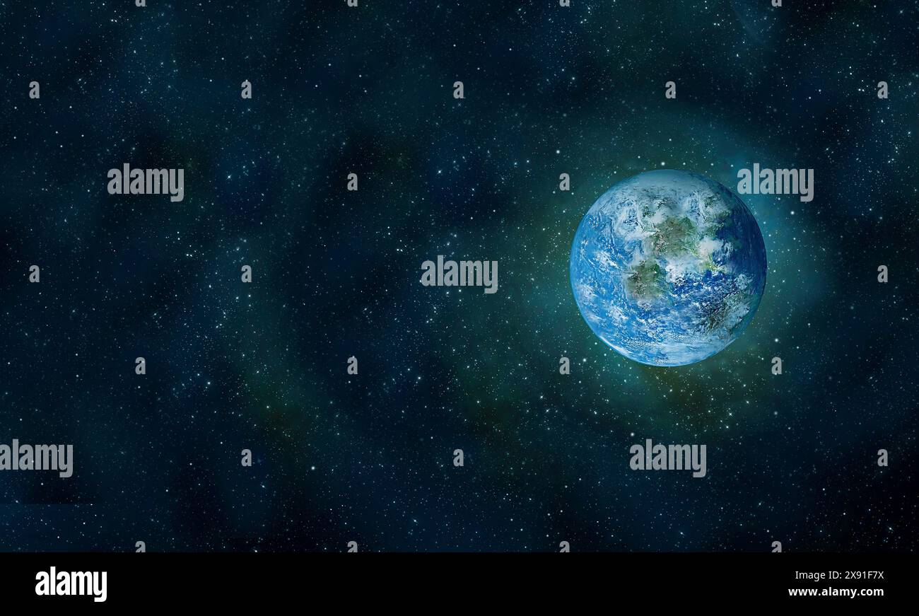 The image depicts Earth floating in the vast expanse of space with ...