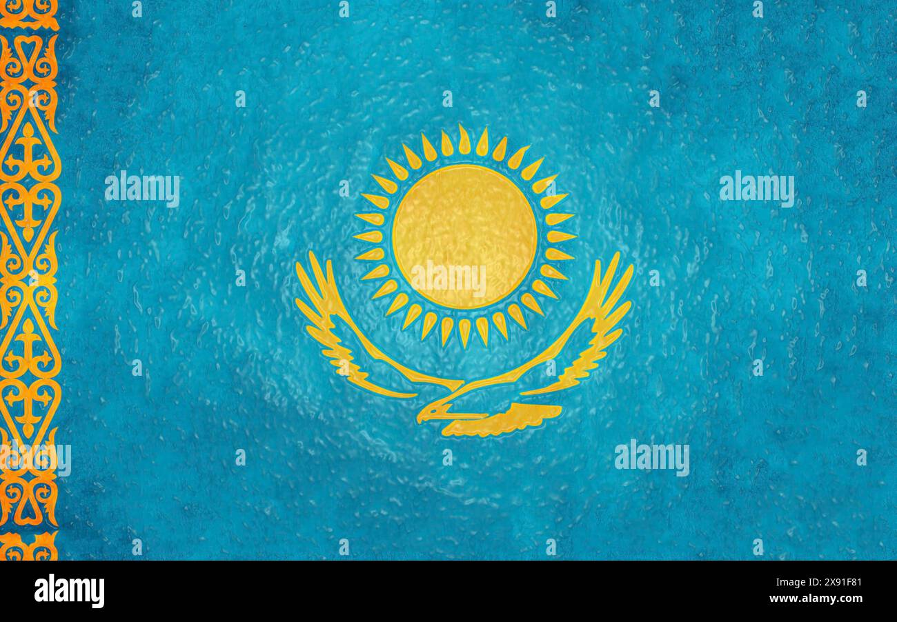 Flag of Kazakhstan with a blue background featuring a golden sun above ...