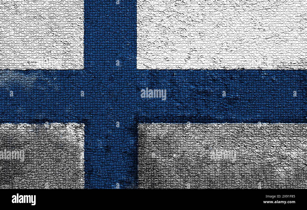 Finnish flag with a blue cross on a white background on a textured ...