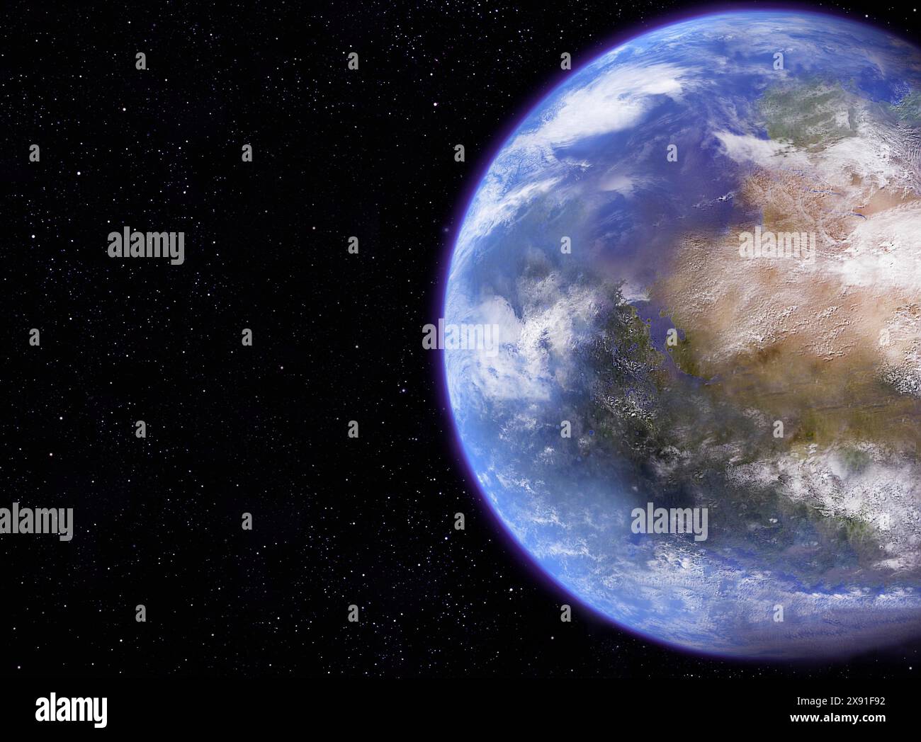 The Earth is viewed from space against a dark background filled with ...