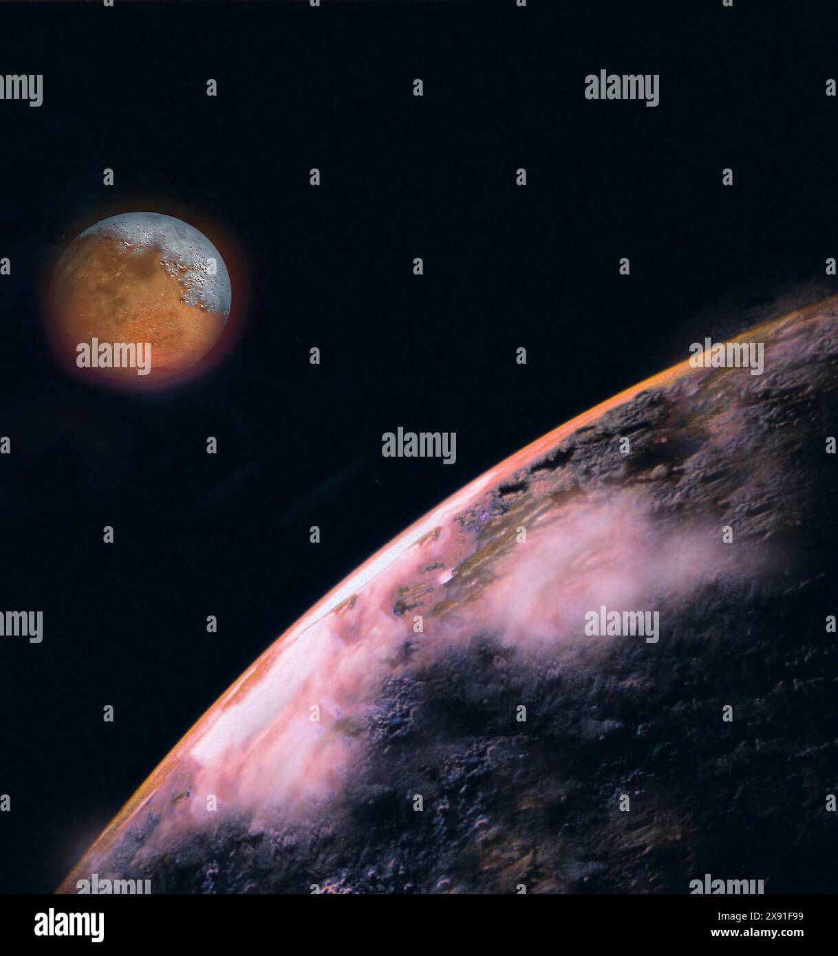 Two planets in space with a dark, mysterious sky creating a cosmic ...