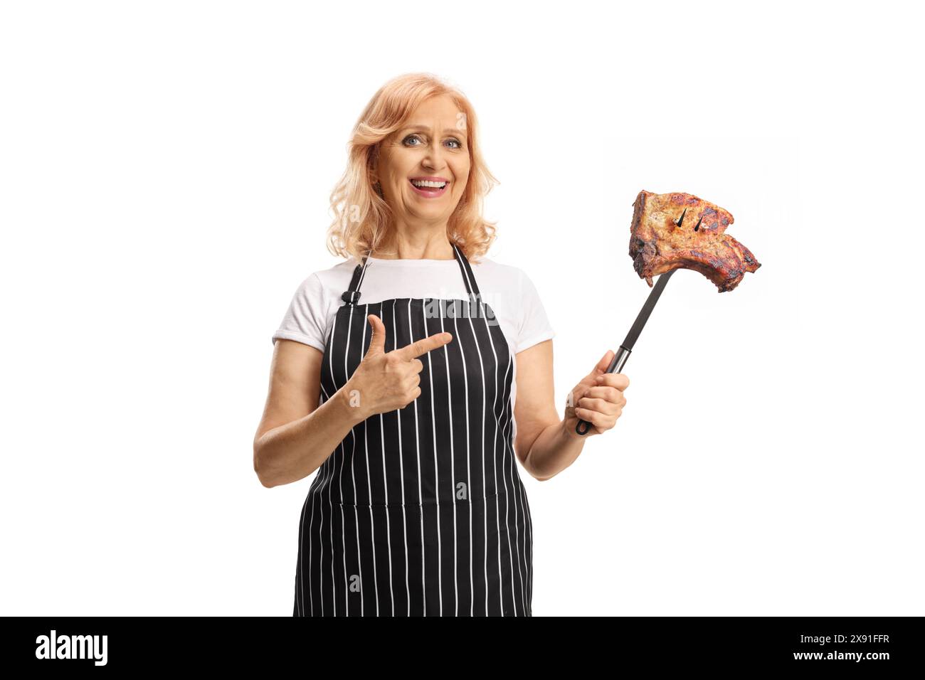 Woman pointing at a steak on a fork isolated on white background Stock ...