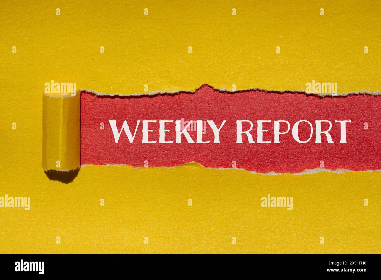Weekly report words written on ripped yellow paper with red background ...