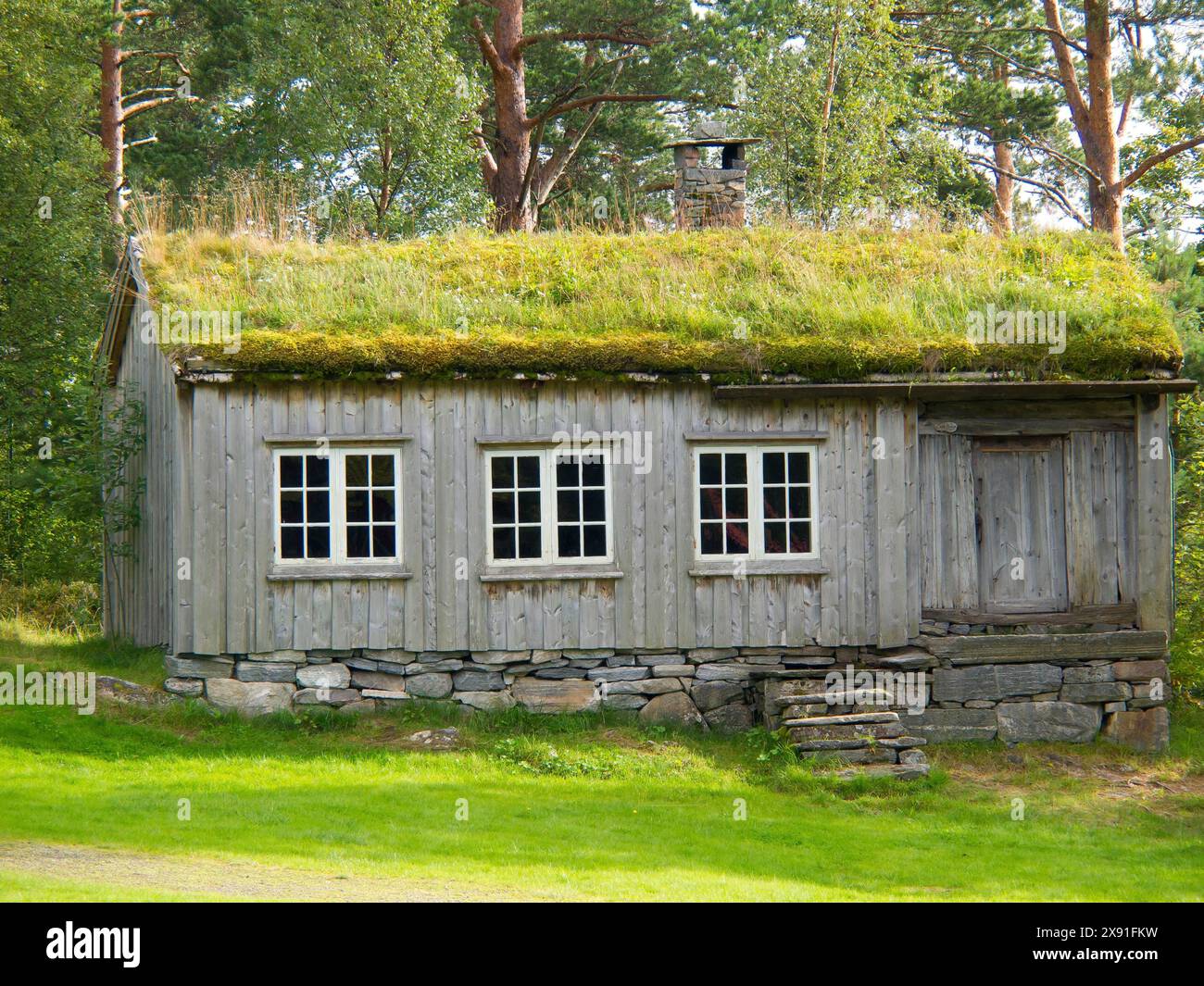 Wooden hut with grass roof and white windows surrounded by trees in a ...