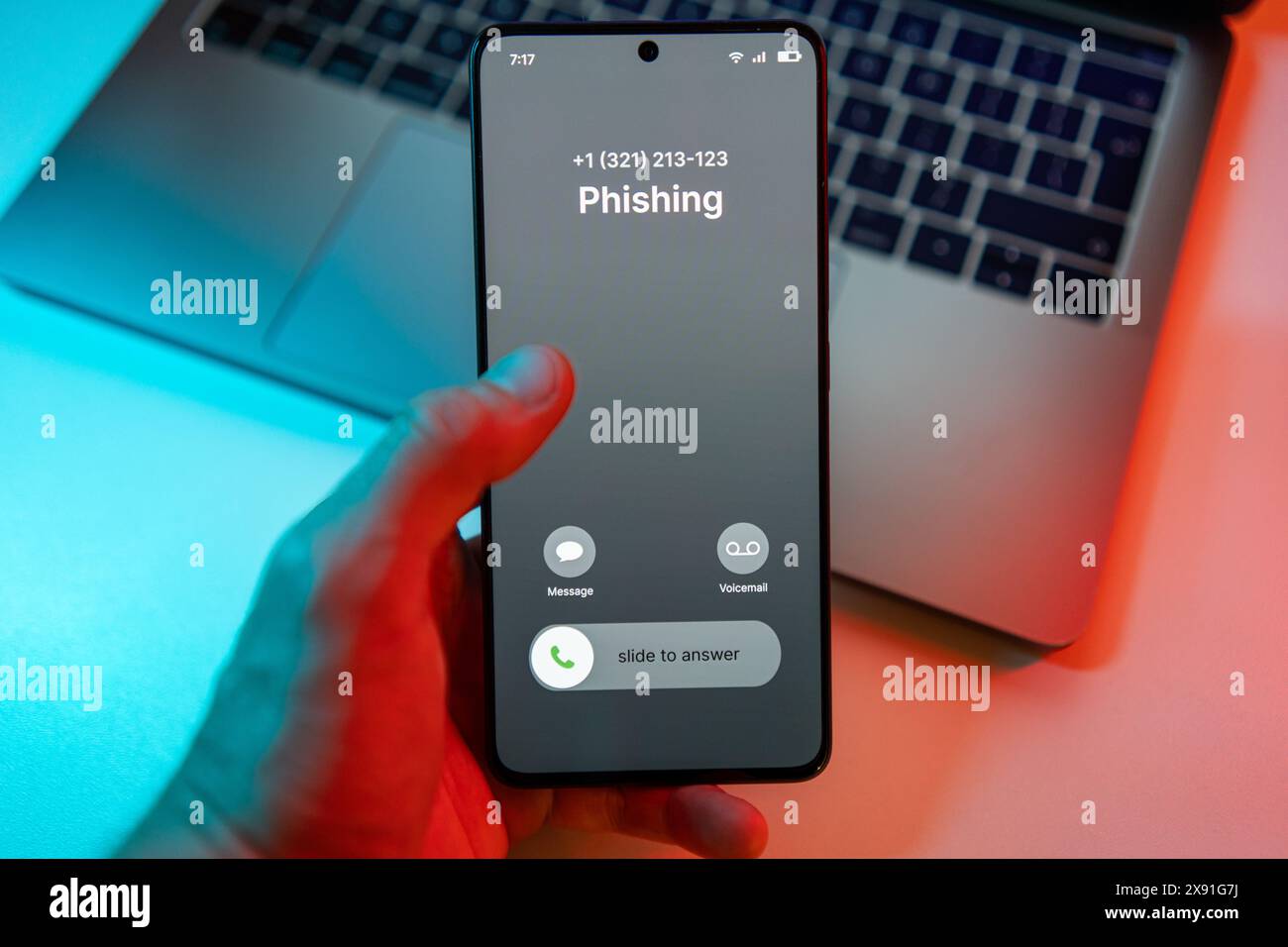 Phishing call concept on mobile phone. Person get phish call alert ...