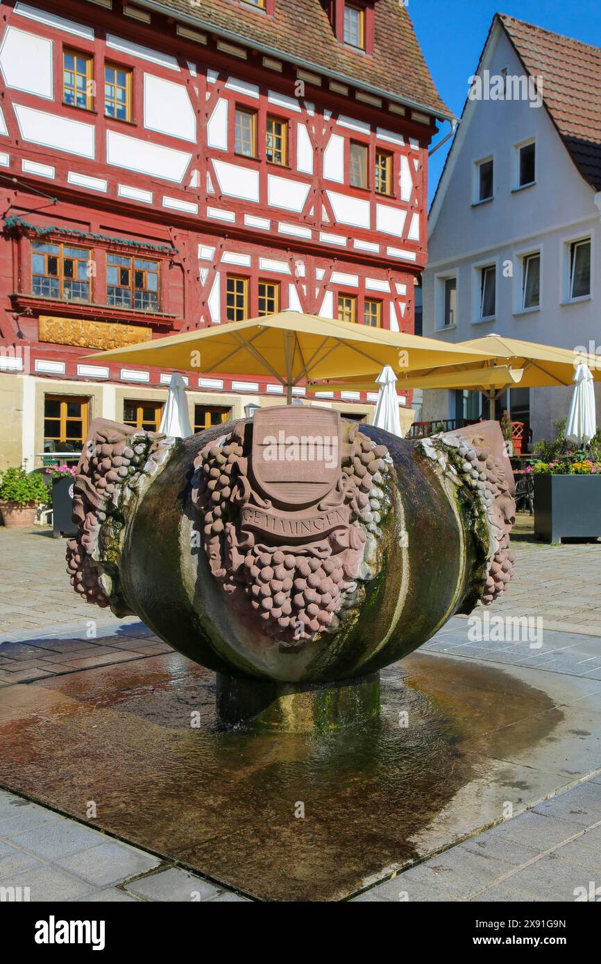 Fountain with inscription Gemmingen, stone grapes, water features ...