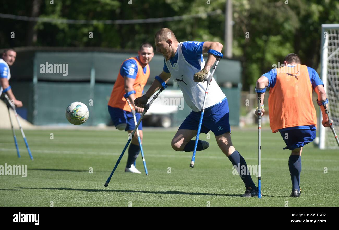 KYIV, UKRAINE - MAY 25, 2024 - Athletes play amputee football during a ...