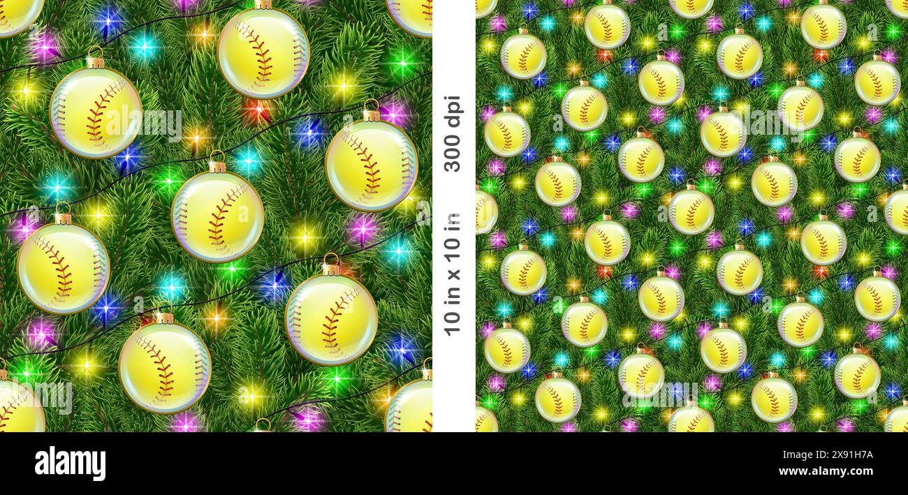Christmas Softball seamless tileable pattern. Realistic Christmas tree ...