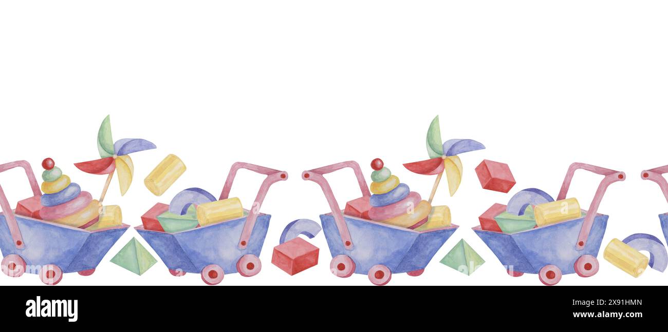 Toys seamless border, rings pyramid with pinwheel, wheelbarrow cart ...