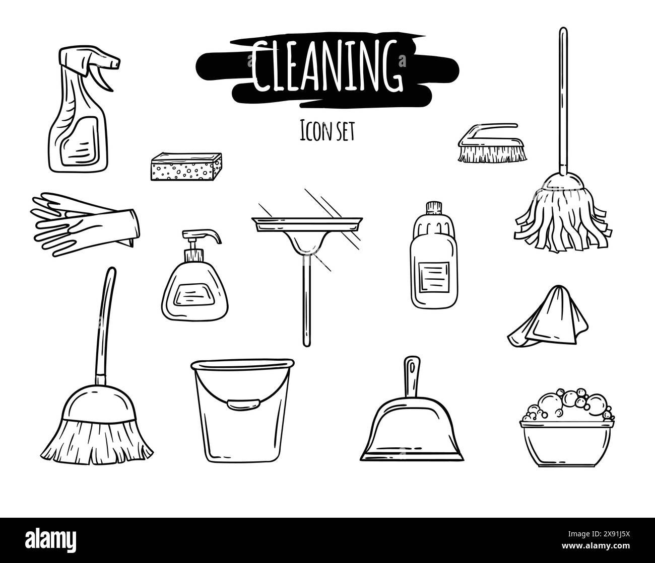 Cleaning icons set. Black and white vector editable illustration of ...