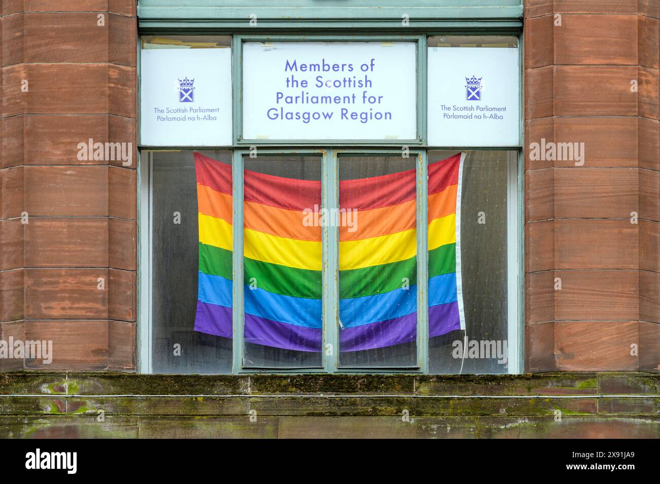 Rainbow flag displayed in an office window for Members of the Scottish ...