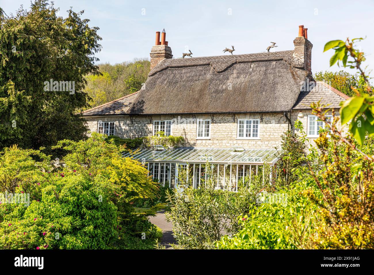 Dorset thatched house, uk, England, thatched finials, thatched hares ...