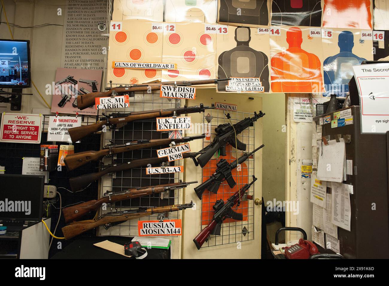 Los Angeles gun club downtown Los Angeles, several hundred hand guns ...