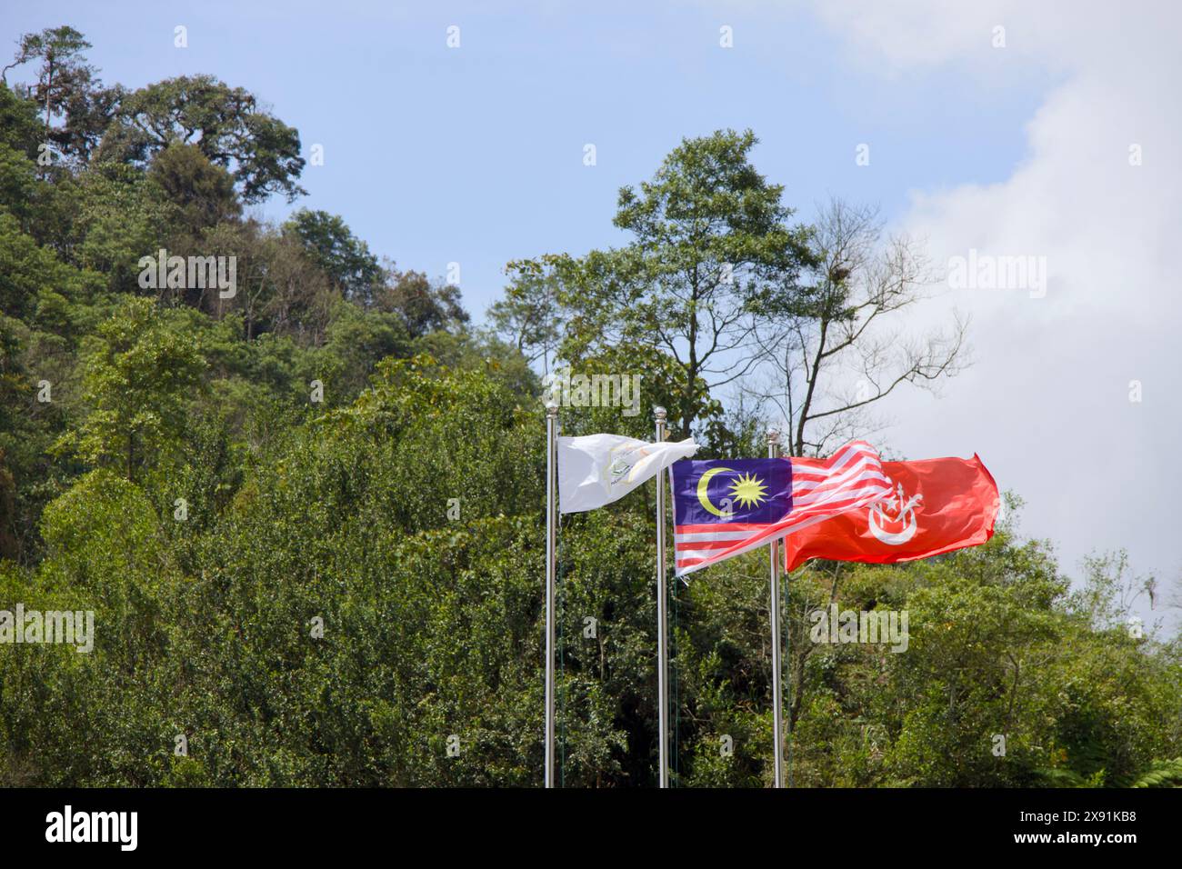 The Malaysian flag, also known as the Jalur Gemilang gracefully waving alongside two other flags ...