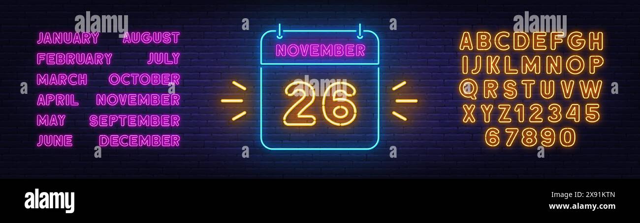 Neon Calendar Sign on brick wall background Stock Vector Image & Art ...