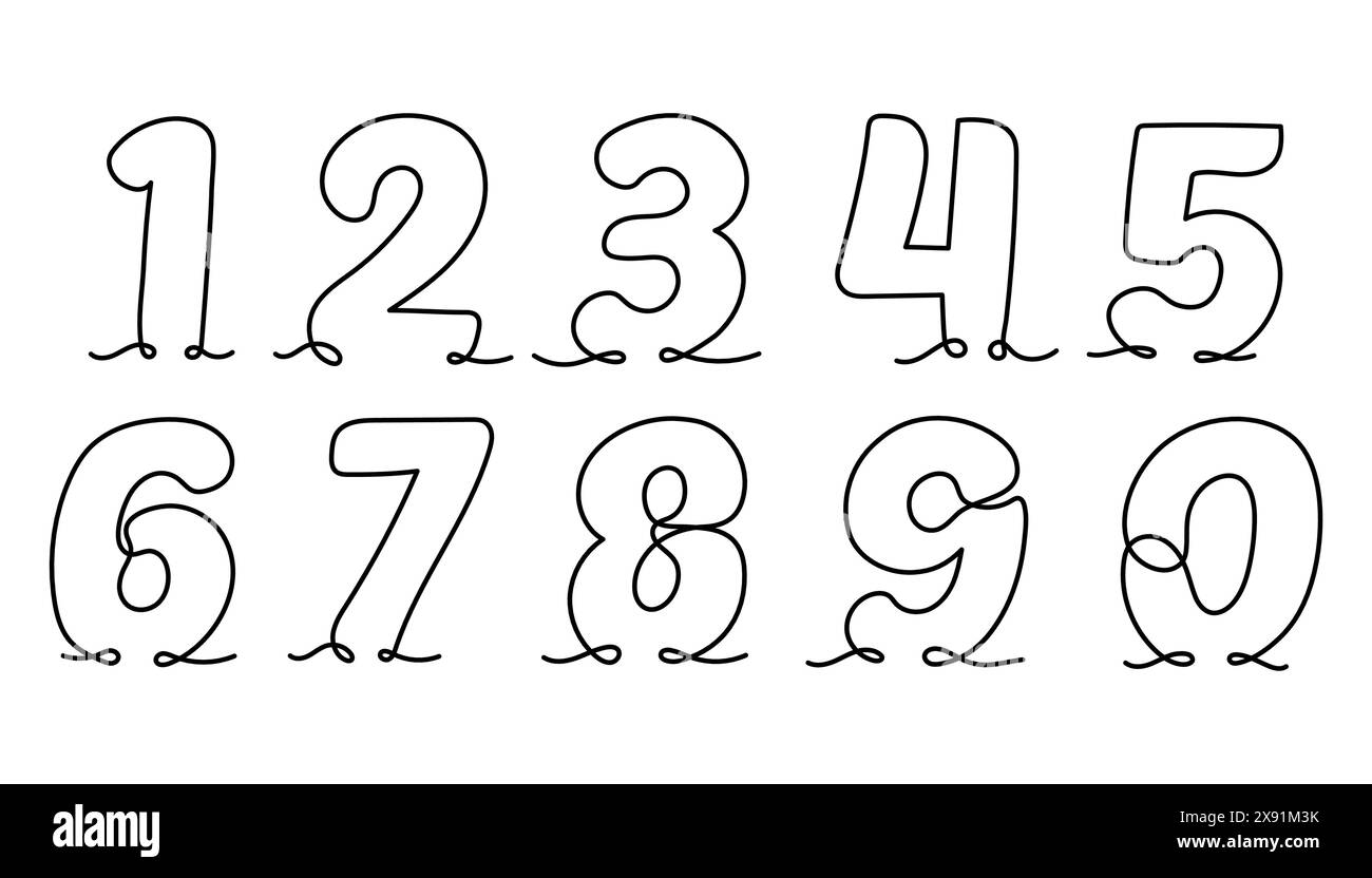 The numbers are drawn in one continuous line drawing. Vector illustration. Set of linear numbers ...