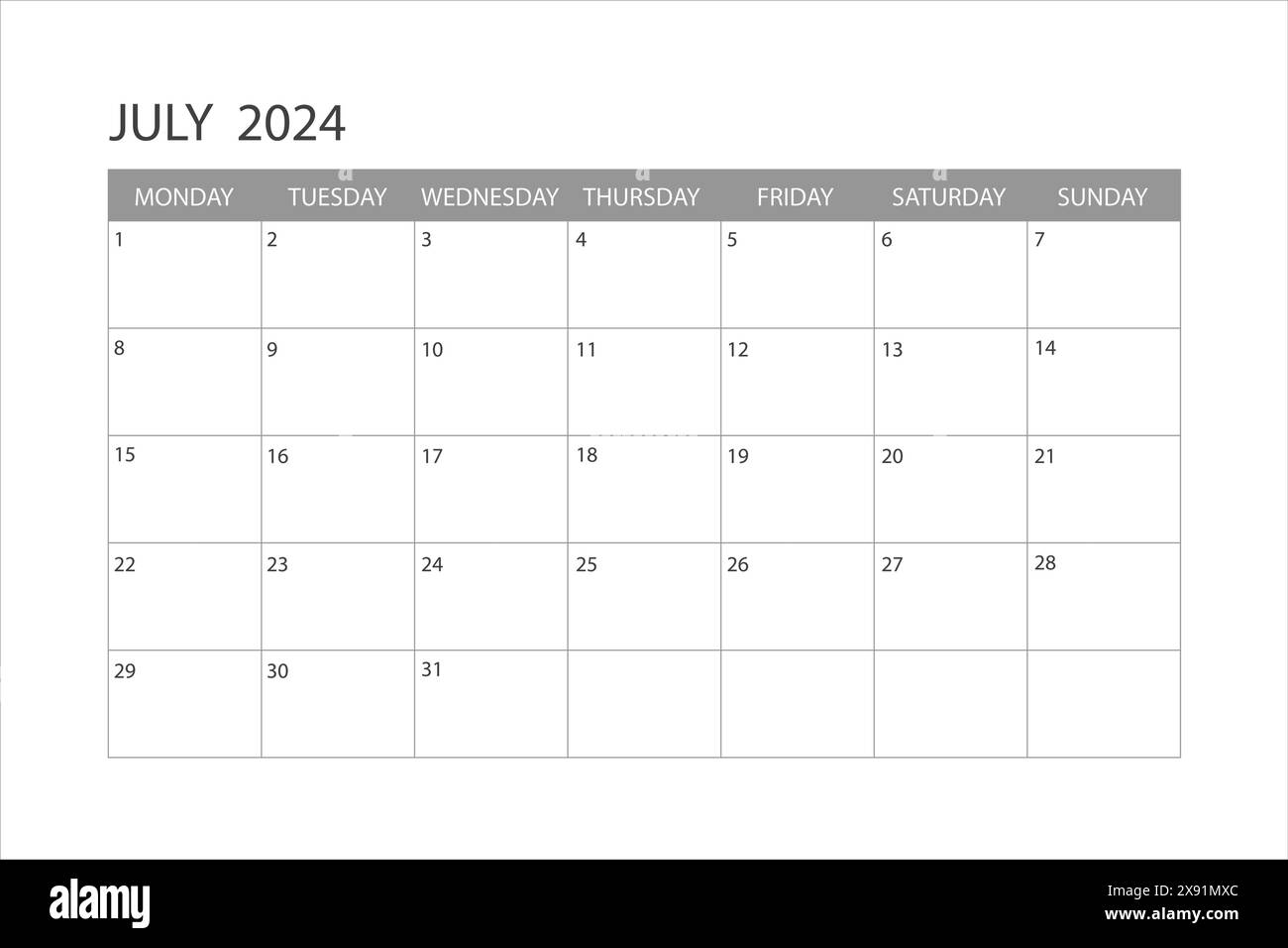 Calendar for July 2024. The week starts on Monday. Glider Stock Vector ...