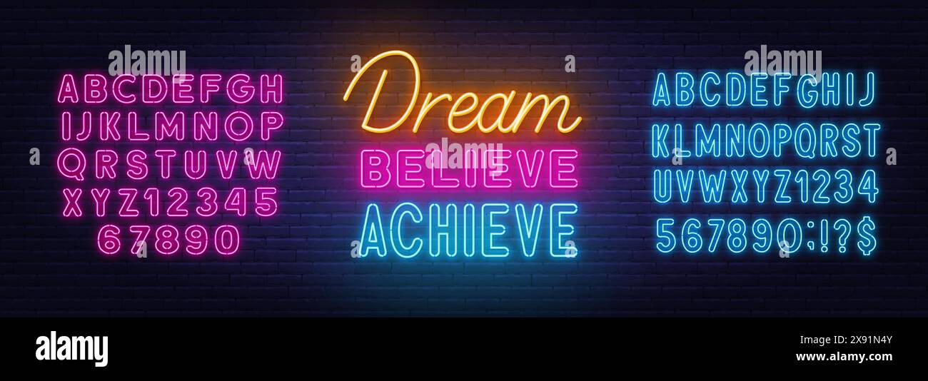 Dream Believe Achieve neon text on brick wall background. Motivational ...