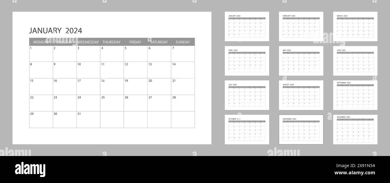 Calendar for 2024. The week starts on Monday. Desk planner. Corporate ...