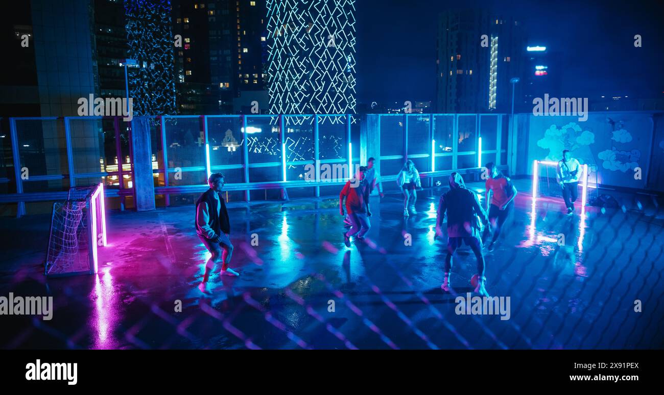 Establishing Shot: Friends Playing Soccer at a Stylish Spot with Neon ...
