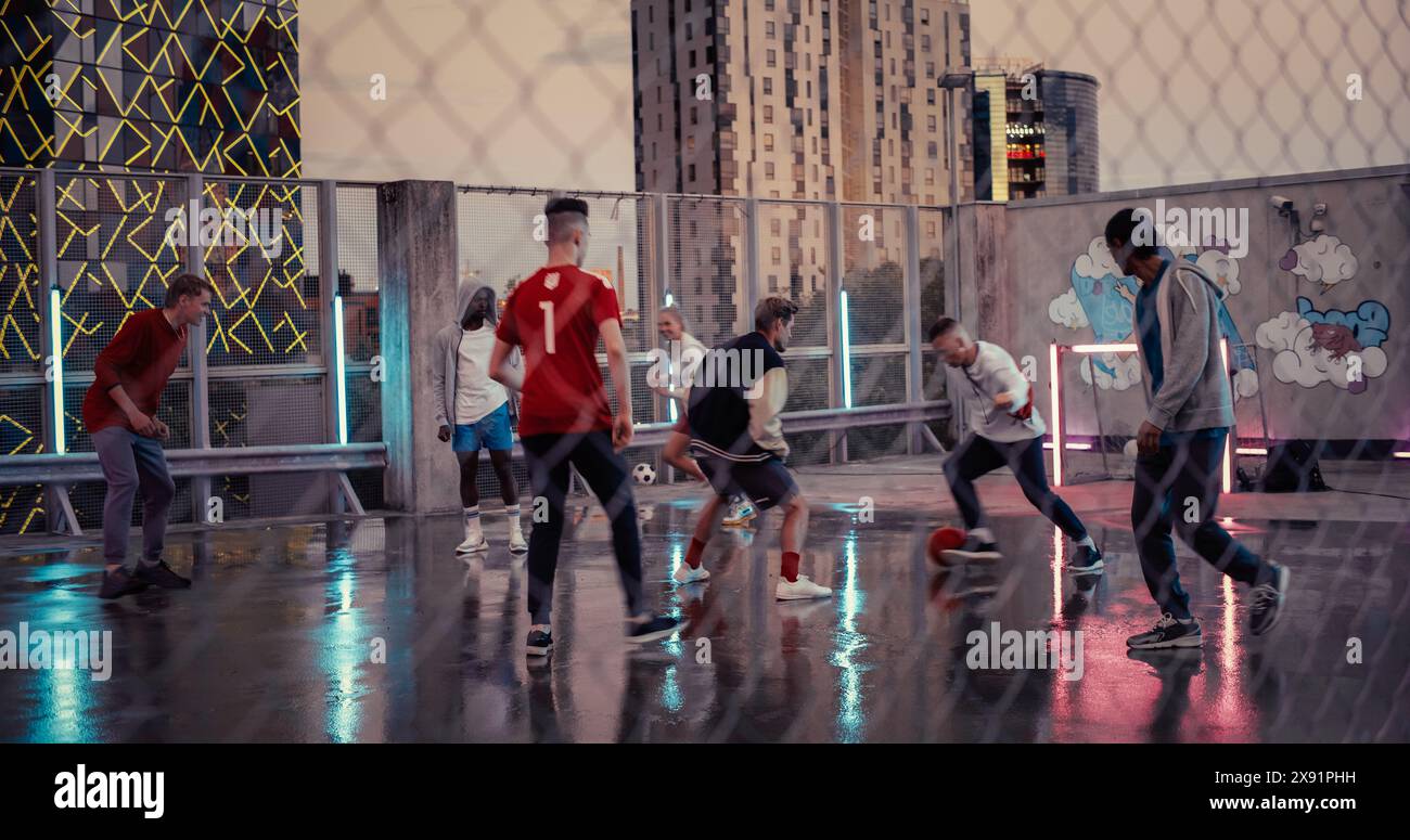 Multiethnic Diverse Group of Friends Playing Soccer on Rooftop Urban ...