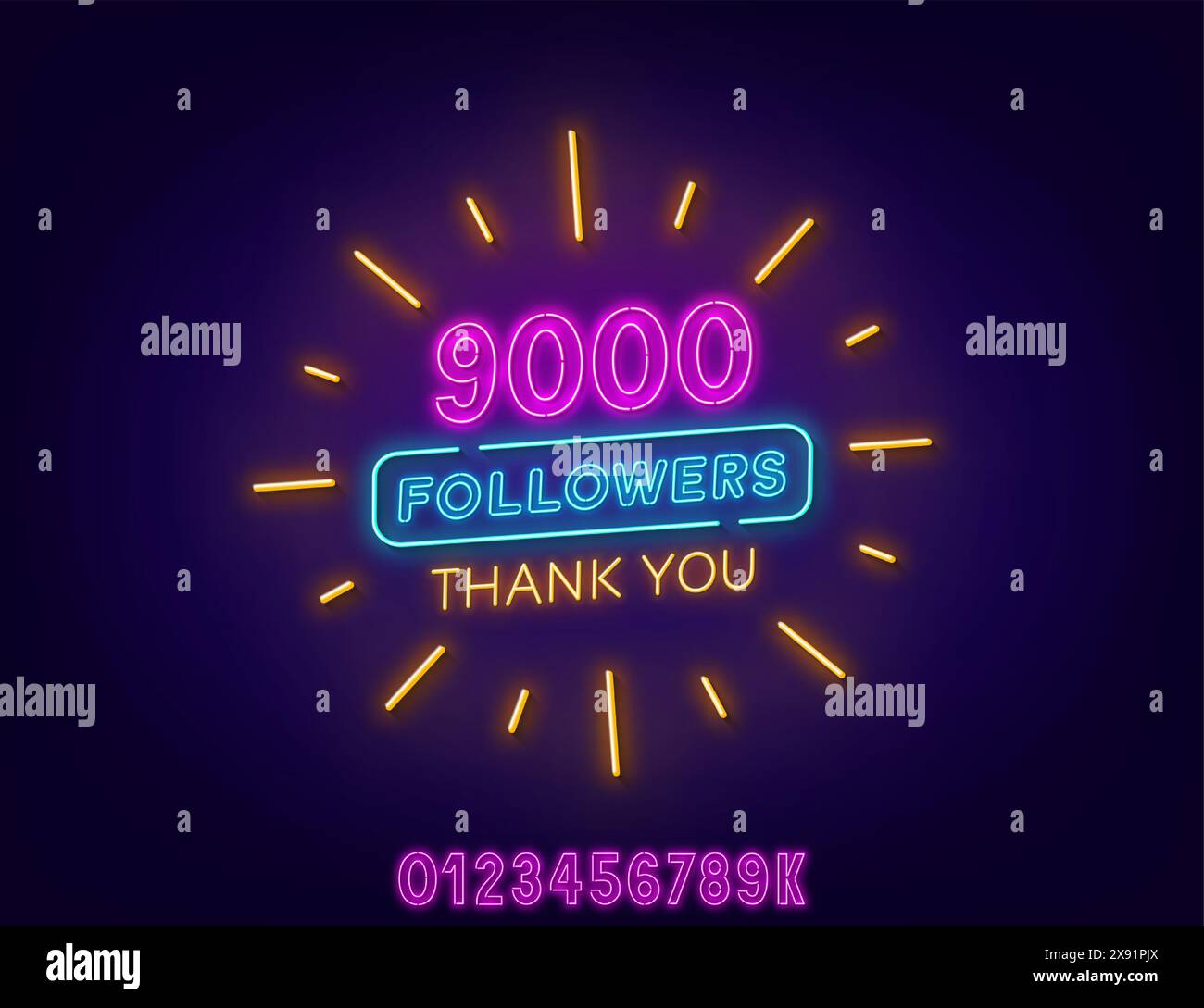 Neon message Thank You 9000 Followers on a dark background. Template ...