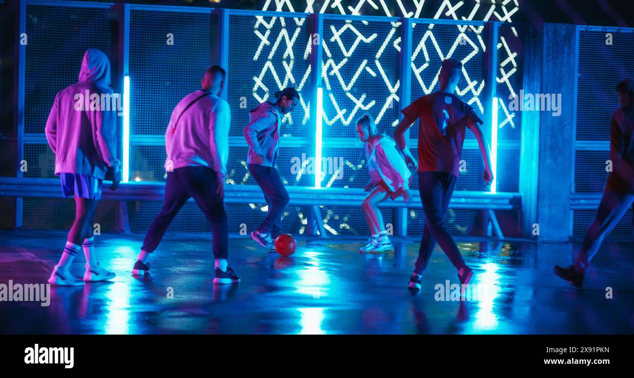 Friends Playing Soccer at a Stylish Spot with Neon Lights and ...