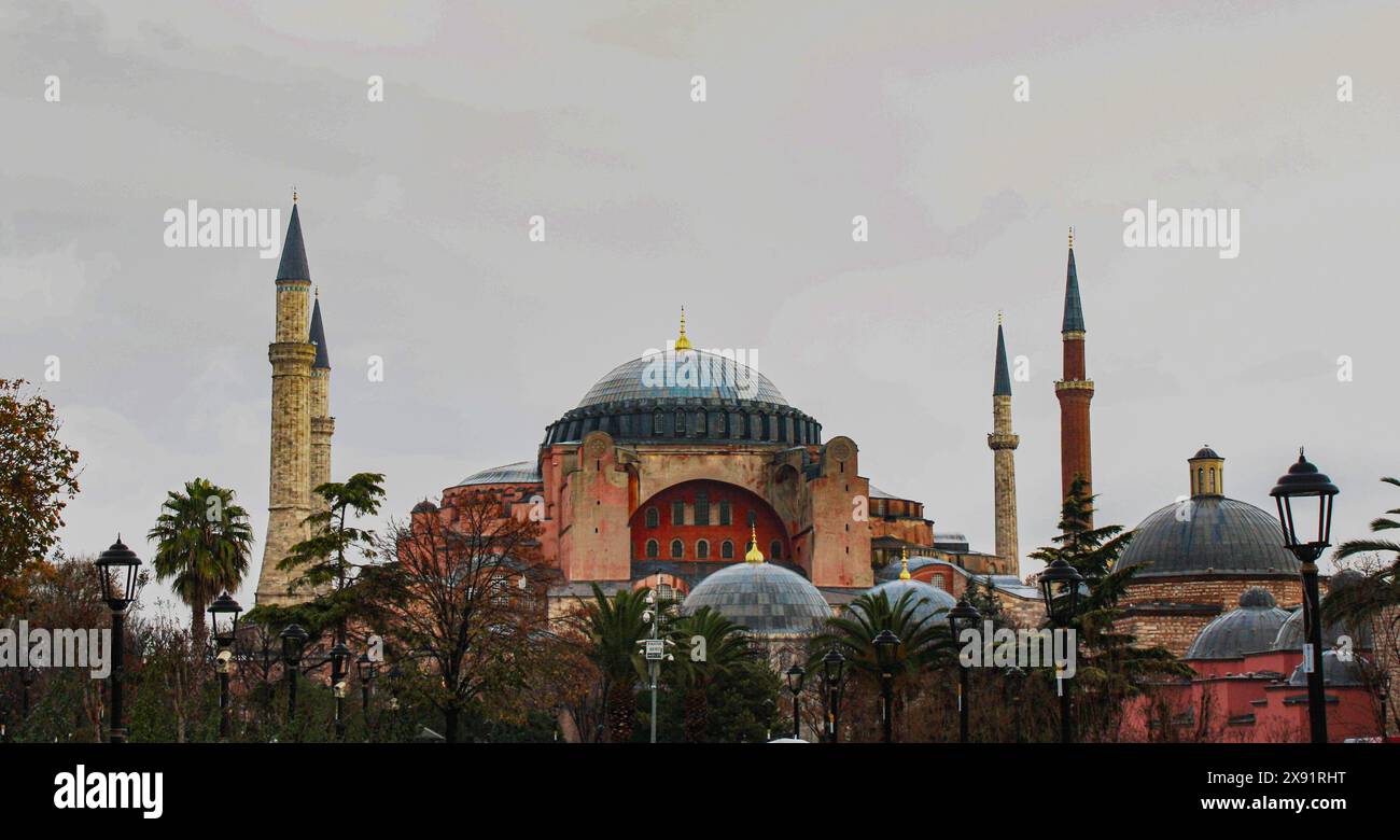 An impressive view of Hagia Sophia's domes and minarets, showcasing its rich history and ...